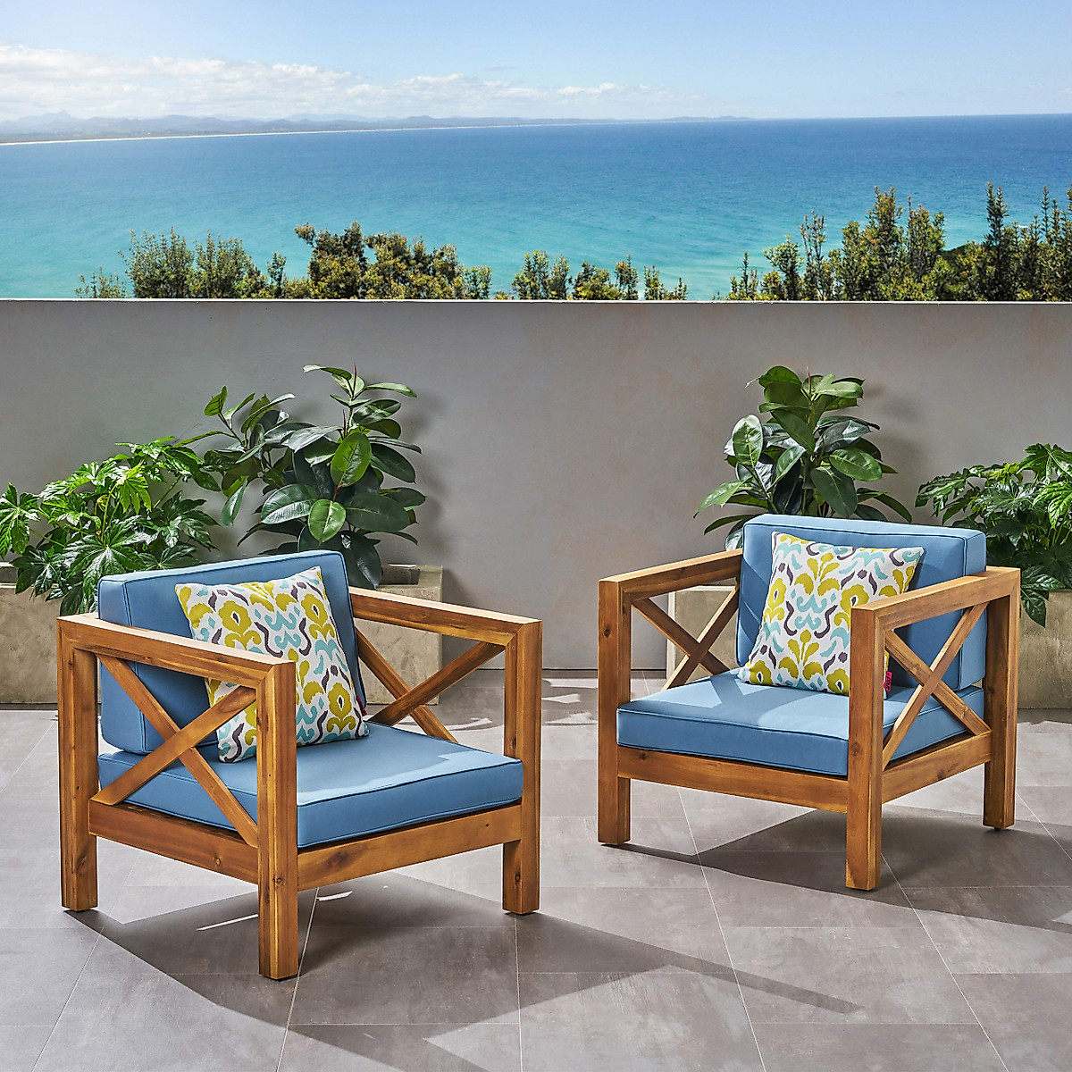 GDFStudio Outdoor Acacia Wood Club Chairs with Cushions (Set of 2), Teak Finish and Blue