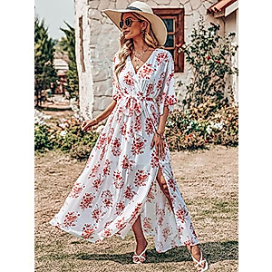 ANRABESS Women Kimono Summer Side Split Wrap V Neck Short Sleeves Maxi Dress Floral Print Beach Dress with Belt 487honghuacao-XL