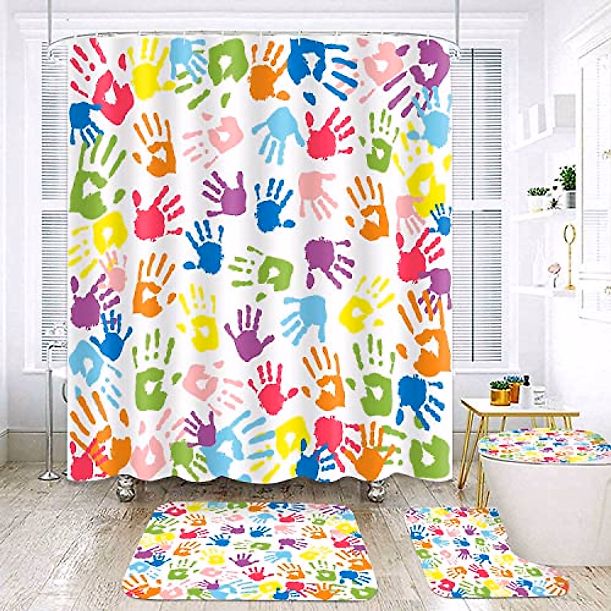 NTETSN 4 PCS Watercolor Shower Curtain, Handprint in Rainbow Color Bathroom Curtain Sets for Kids,Non-Slip Rugs, Toilet Lid Cover, Bath Mat, 12 Hooks for Curtain 72x72 Inch SETYYNT4