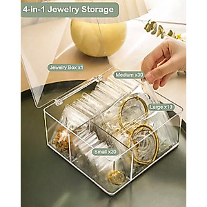 4-in-1 Acrylic Jewelry Organizers and Storage with 60 Portable Anti Tarnish Jewelry Bags, Clear Jewelry Box Travel Jewelry Case for Earrings Rings Necklaces Bracelets, Christmas Gifts for Women Girls