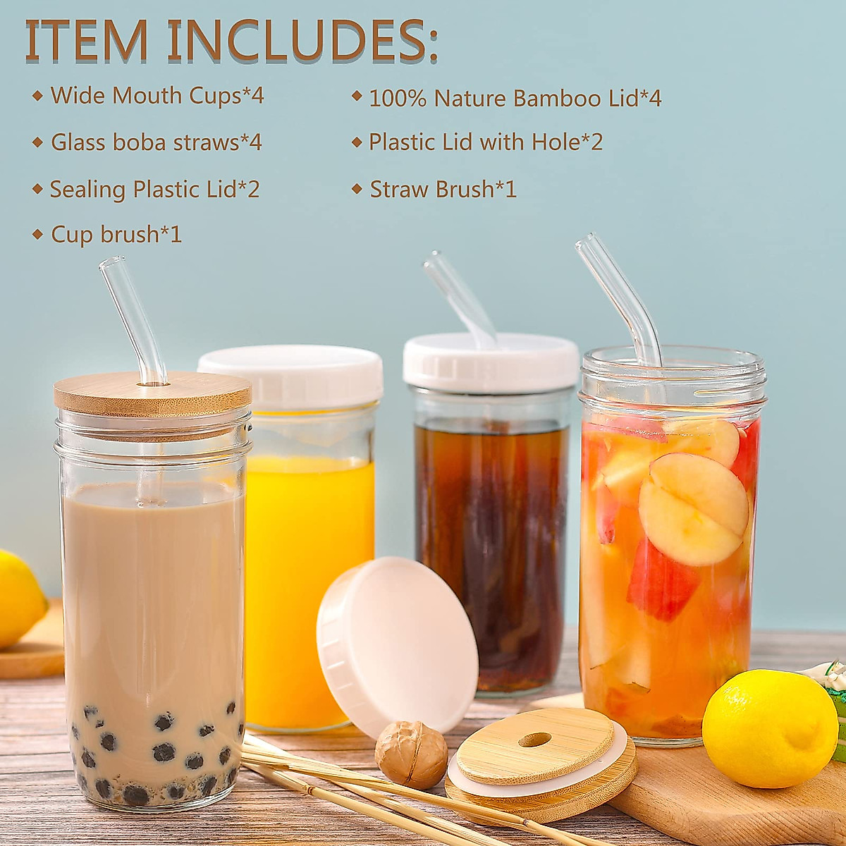 RENYIH 4 Pack 24oz Glass Cups with Bamboo Lids & Glass Boba Straws & 2 Airtight Lids - Reusable Glass Boba Cup, Iced Coffee Glasses,Travel Glass Tumbler for Milkshakes,Juice