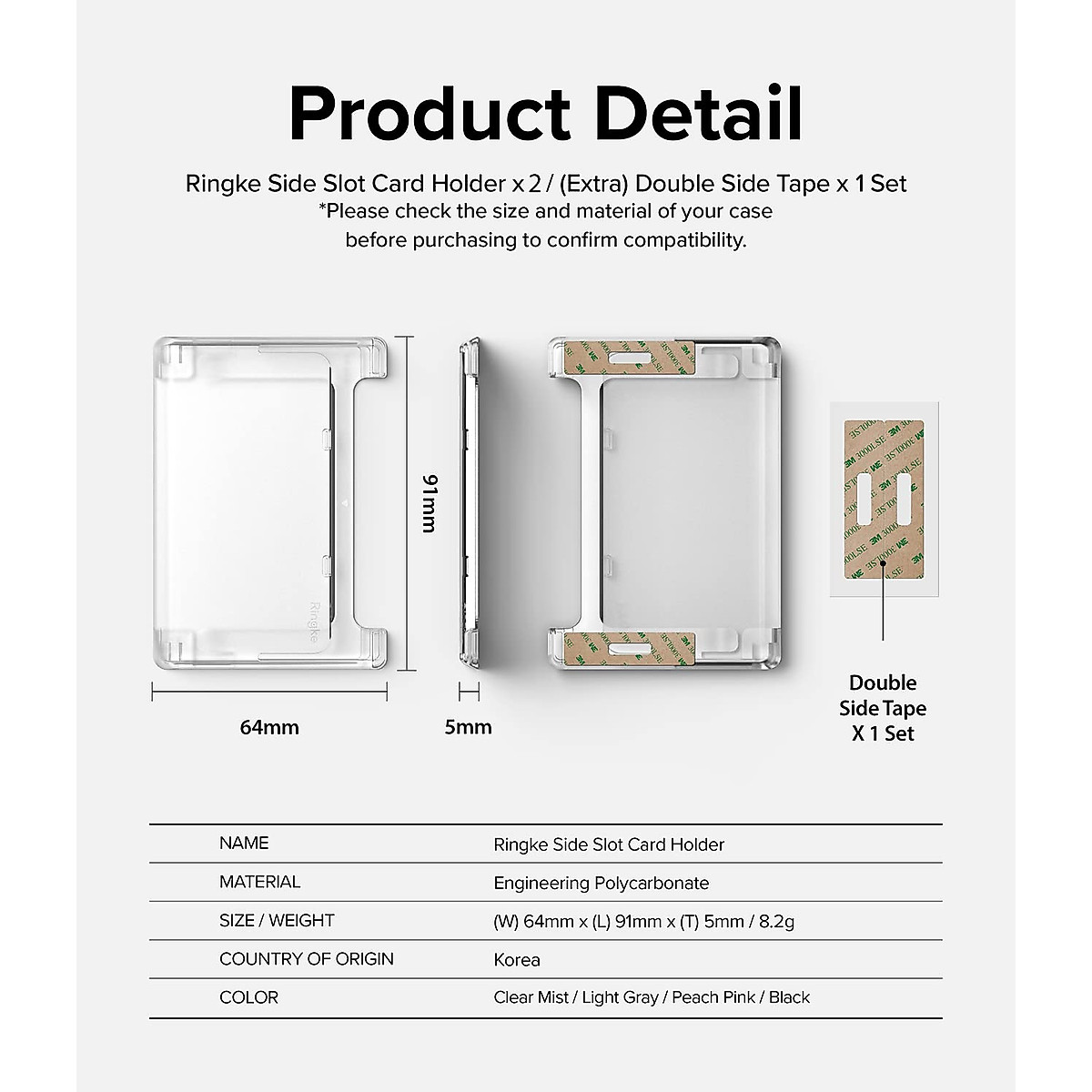 Ringke Side Slot Card Holder for Phone Case, Business Card Holder for Women, Men, ID Credit Card Holder Stick on, Phone Wallet Compatible with iPhone, Galaxy, and Pixel - Clear Mist (2 Pack)