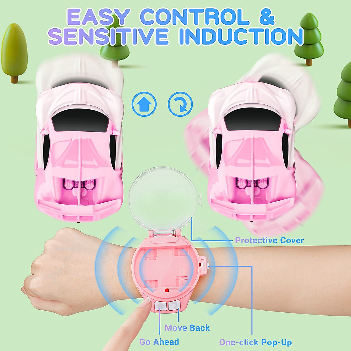 LOGOPLAY 2024 New Mini Remote Control Car Watch Toys, 2.4 GHz Cartoon RC Watch Racing Car, USB Charging Remote Control Car, Watch Car Hand Controlled Watch RC Car for Boys Girls Birthday Gift (Pink)