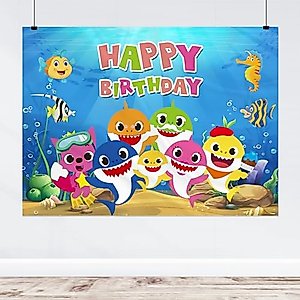 5X3 FT Shark Birthday Party Backdrop for Kids, Cartoon Birthday Party Photo Background for Baby Shower Party Decoration Boys Girls Birthday Photography Backdrop (5X3 FT-A)