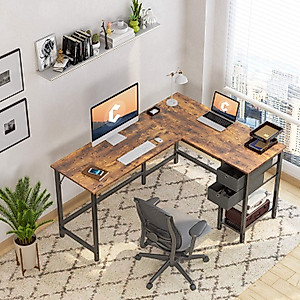 Cubiker L-Shaped Computer Desk, Gaming Corner Desk with Non-Woven Drawer, Home Office Sturdy Writing Table, Space-Saving, Easy to Assemble