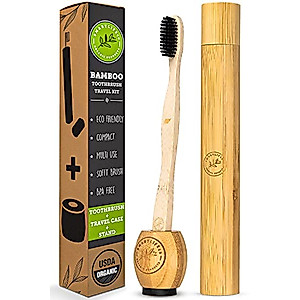 Bamboo Charcoal Toothbrush With Travel Case & Holder Kit - Extra Soft Natural Bristles For Sensitive Teeth | Eco Friendly Portable Wooden Travel Set | Organic Single Wood Toothbrushes Stand & Cover