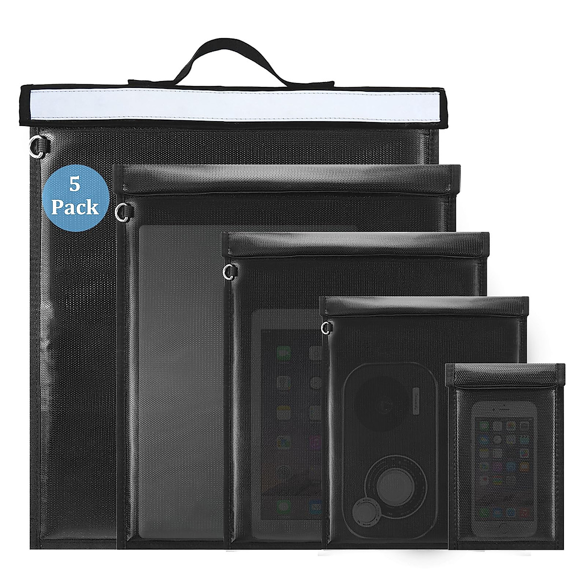 5 Pack Faraday Bags, Extra Large Faraday Bag for Laptops & Tablets & Radio & Car Keys, Waterproof & Fireproof Faraday Cage with Reflective Strip, Anti-Theft Faraday Key Fob Protector