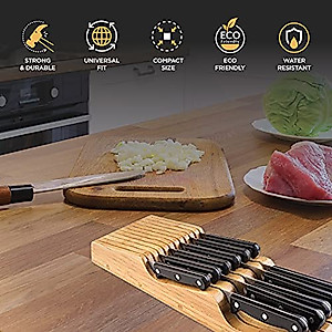 In-Drawer Knife Block Organizer - Bamboo Wood Drawer Knife Organizer - Holds 5 Long + 6 Short Knives (Not Included) - Store Knives with Blades Pointing Down