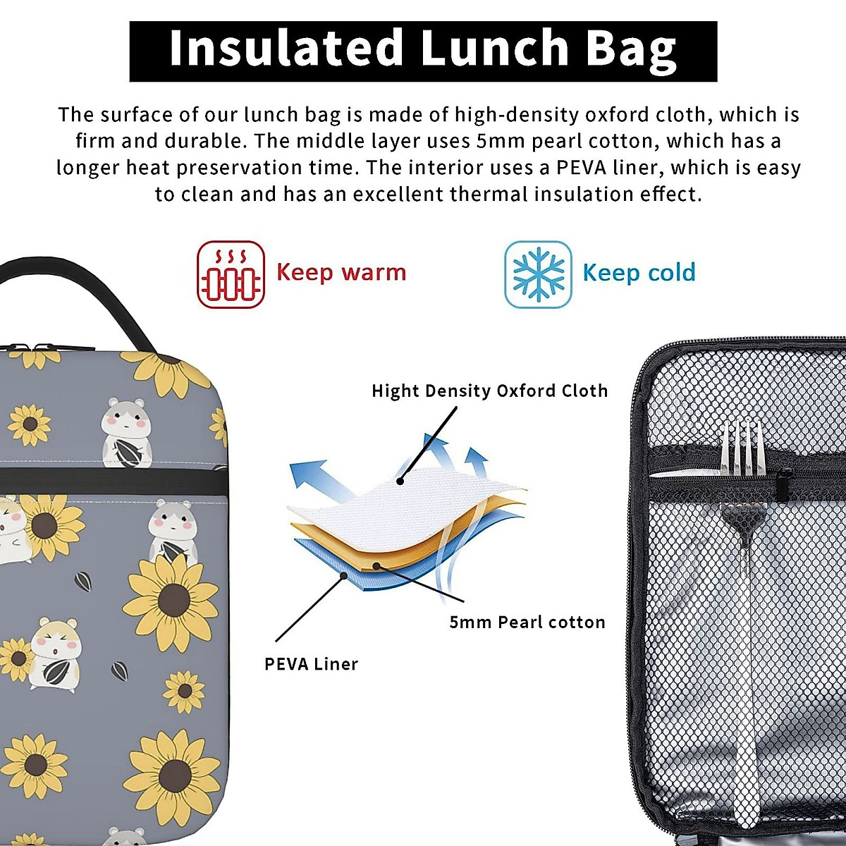 KiuLoam Insulated Lunch Box Cute Hamster And Sunflower Reusable Lunch Bag With Shoulder Strap For Women/Men/Girls/Boys Lunchbox Meal Tote Bag