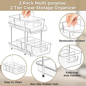Delapuwea 2 Tier Clear Organizer with Dividers, Multi-Purpose Pull Out Cabinet Organizer, Bathroom Vanity Counter Drawer Organizers, Under Sink Organizer, Kitchen Pantry Cabinet Medicine Bins, 2 Set
