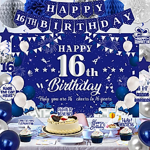 16th Birthday Decorations for Boys Girls, Blue Silver Sweet 16th Birthday Party Decorations, Happy 16th Birthday Backdrop, Banner, Balloons, Pompoms, Hanging Swirls, Birthday Card, Cake Topper 54pcs