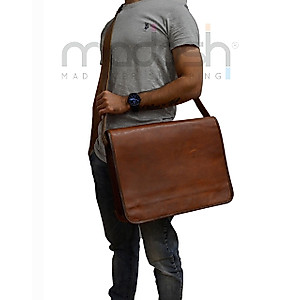 Madosh Leather Messenger Bag for Men Brown Handmade Shoulder Bag Travel Work Business Crossbody Bag