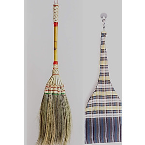 SKENNOVA - 34" of Small Natural Grass Broom for RV's, Cabin & Tents Design Vintage Style of Bamboo Stick Embroidered Woven Thread Nylon Hand Grip Dry Banana Leaf