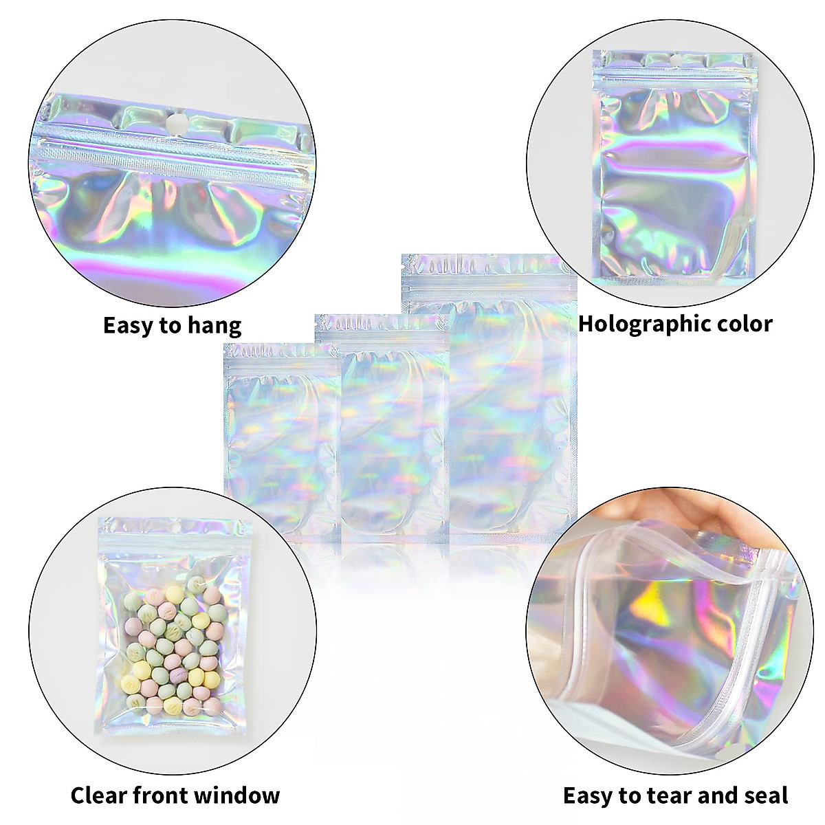 300 Packs Mylar Bags, 3 Sizes Smell Proof Bag Resealable Mylar Bags for Food Storage, Holographic Ziplock Bags with Front Window Packaging Pouch for Sample Snack Cookies Jewelry (Holographic)