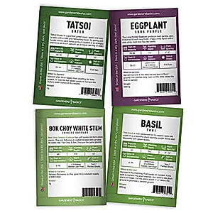 Asian Vegetable Seeds for Planting 8 Packets Bok Choy, Michihili (Napa) Chinese Cabbage, Tatsoi, Onion, White Radish, Serrano, Eggplant for Your Non GMO Heirloom Vegetable Garden by Gardeners Basics