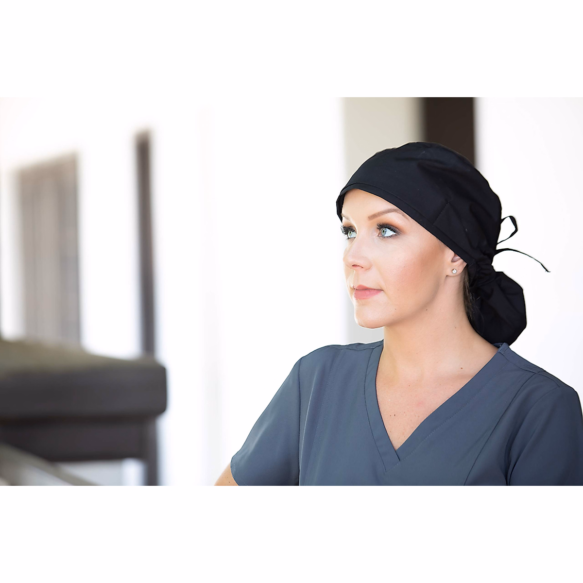 Sparkling EARTH Solid Black Big Hair Ponytail Classic Surgical Style Scrub Working Cap - Made in The USA!!!