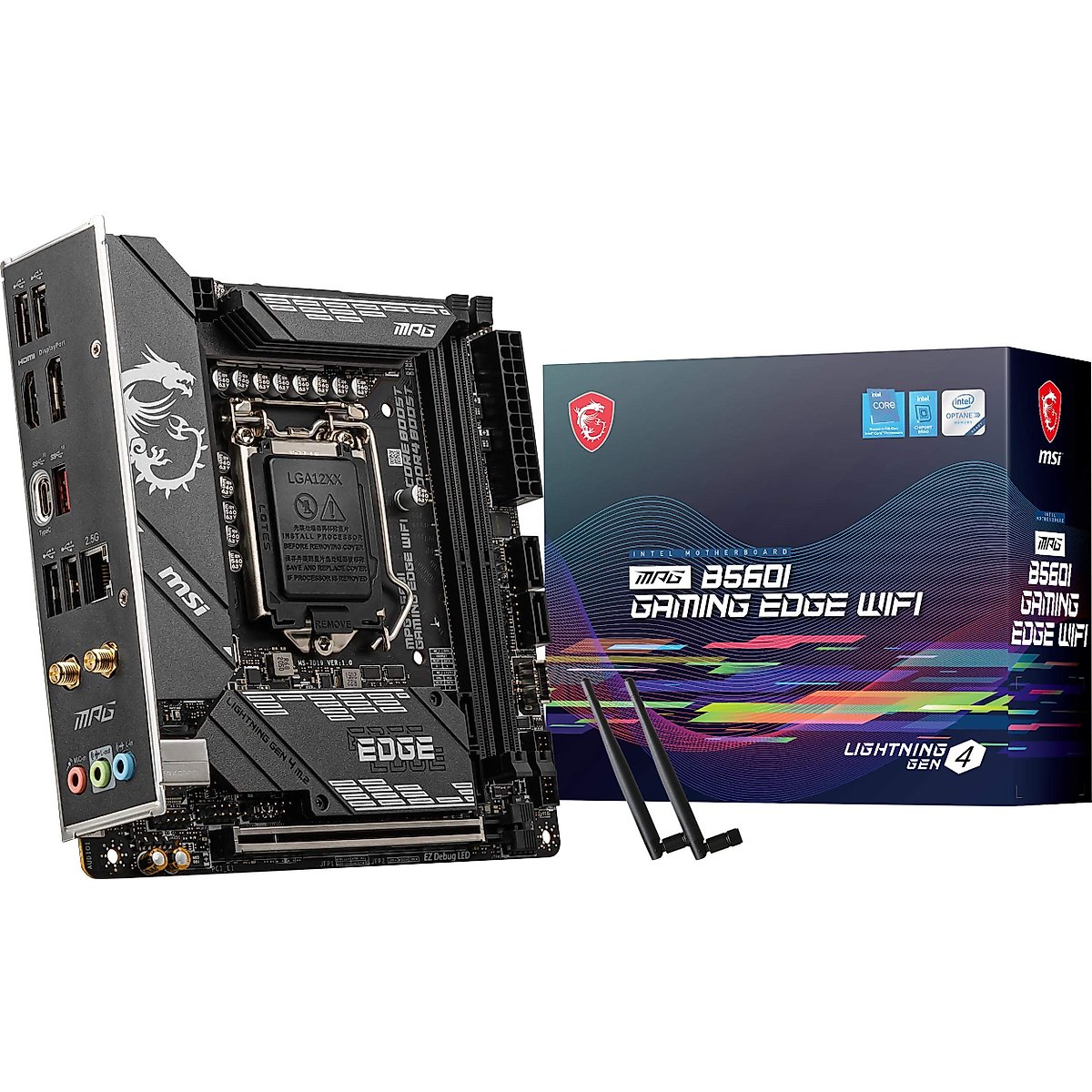 MSI MPG B560I Gaming Edge WiFi Gaming Motherboard (m-ITX, 11th/10th Gen Intel Core, LGA 1200 Socket, DDR4, CFX, M.2 Slots, USB 3.2 Gen 2, 2.5G LAN, DP/HDMI, Wi-Fi 6E)