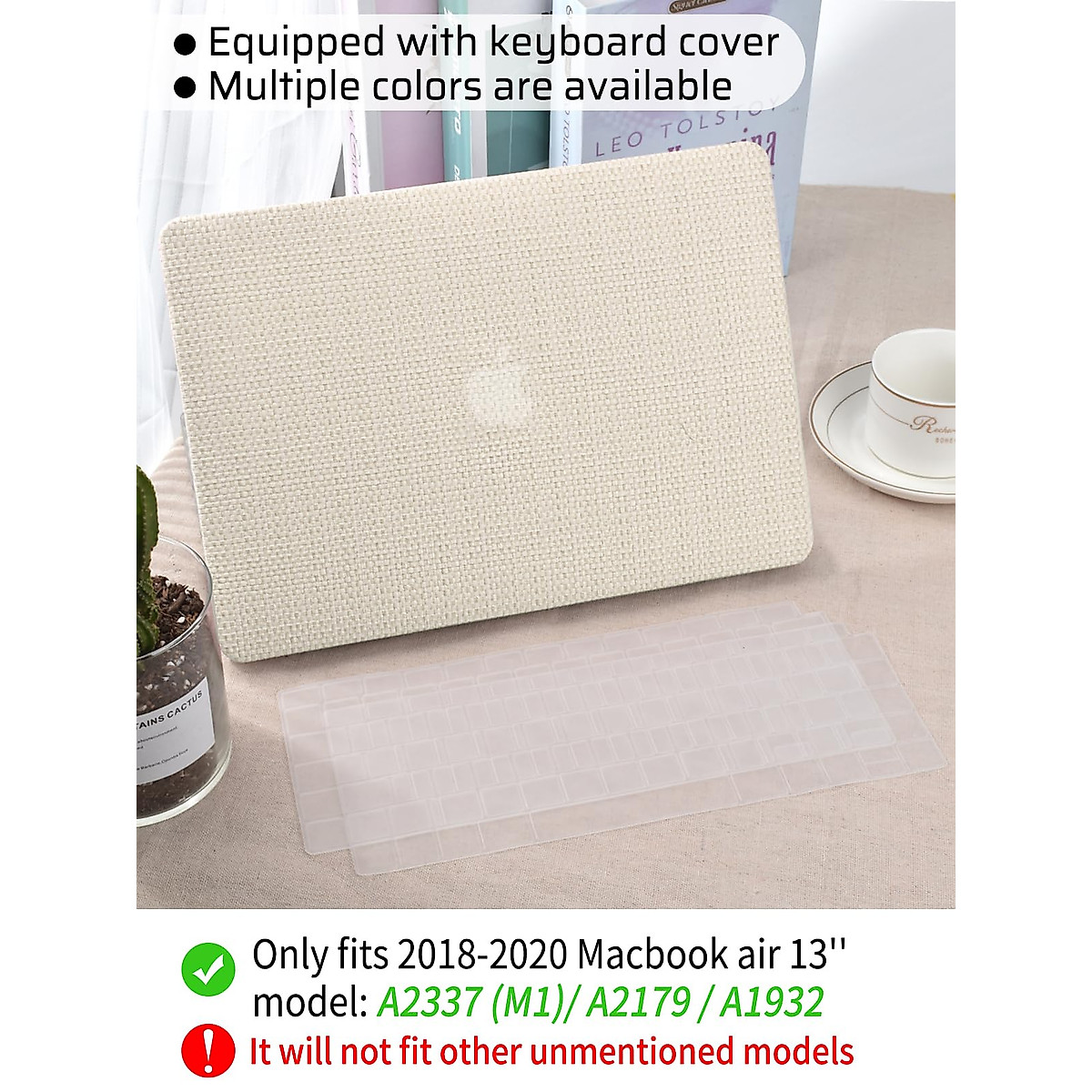 Seorsok Compatible with MacBook Air 13 Inch Case2022 2021 2020 2019 2018 Release A1932 A2179 M1 A2337 Touch ID,Elegant Leather Plastic Hard Shell Case Transparent Keyboard Cover,Beige Woven Fabric