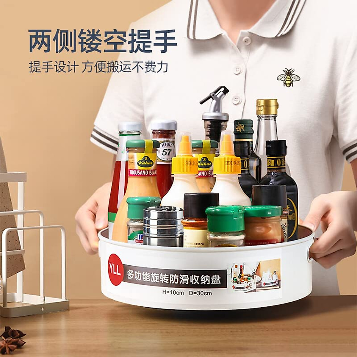 多功能可旋转调料架加厚调料盒调料瓶佐料瓶托盘收纳架厨房置物架Oak kitchen rotating rack multifunctional rotatable seasoning rack thickened seasoning box seasoning bottle seasoning bottle tray storage rack kitchen rack 30cm diameter