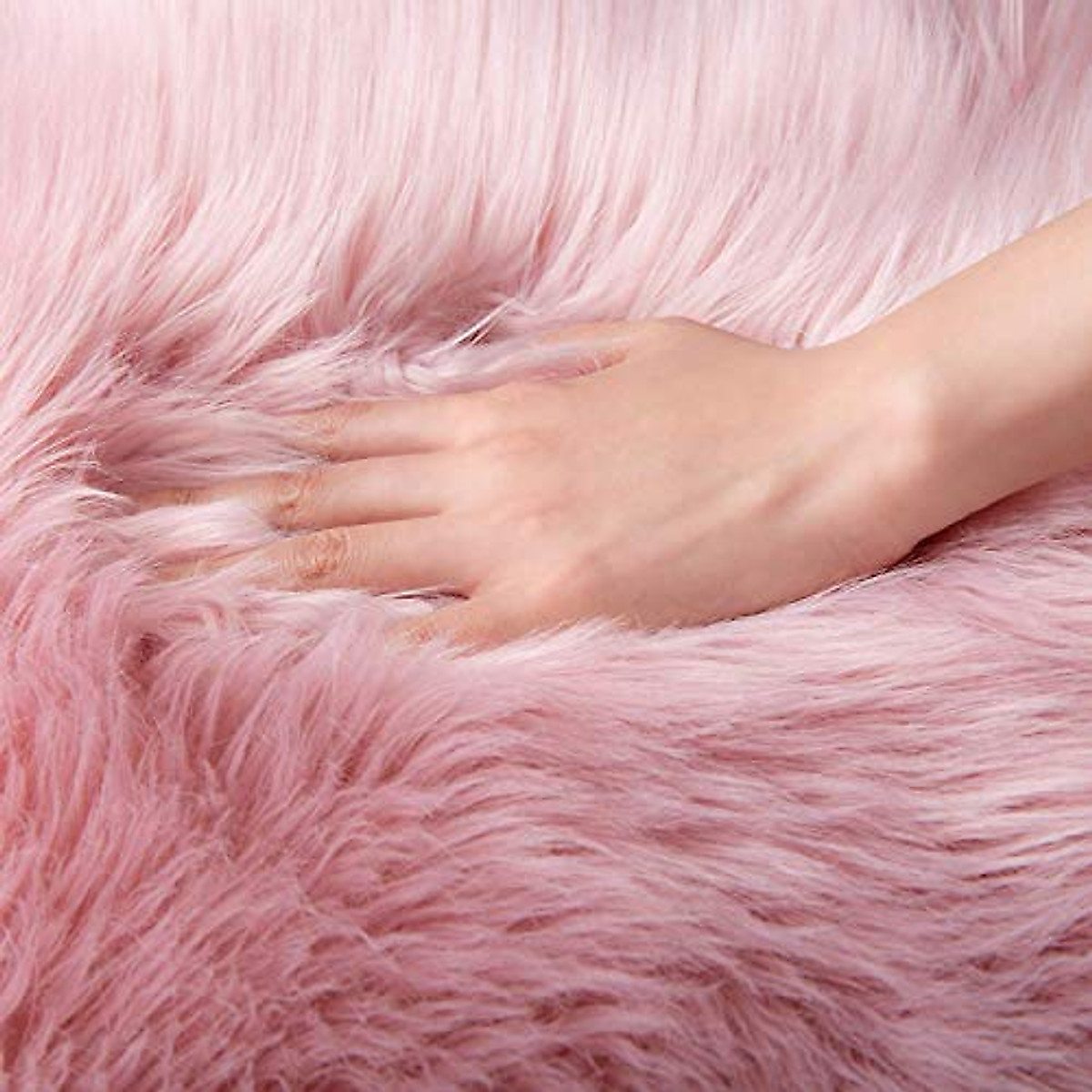 Ashler Home Deco Soft Faux Sheepskin Fur Rug Pink Fluffy Area Rug & Throw Pillow Covers with Pom