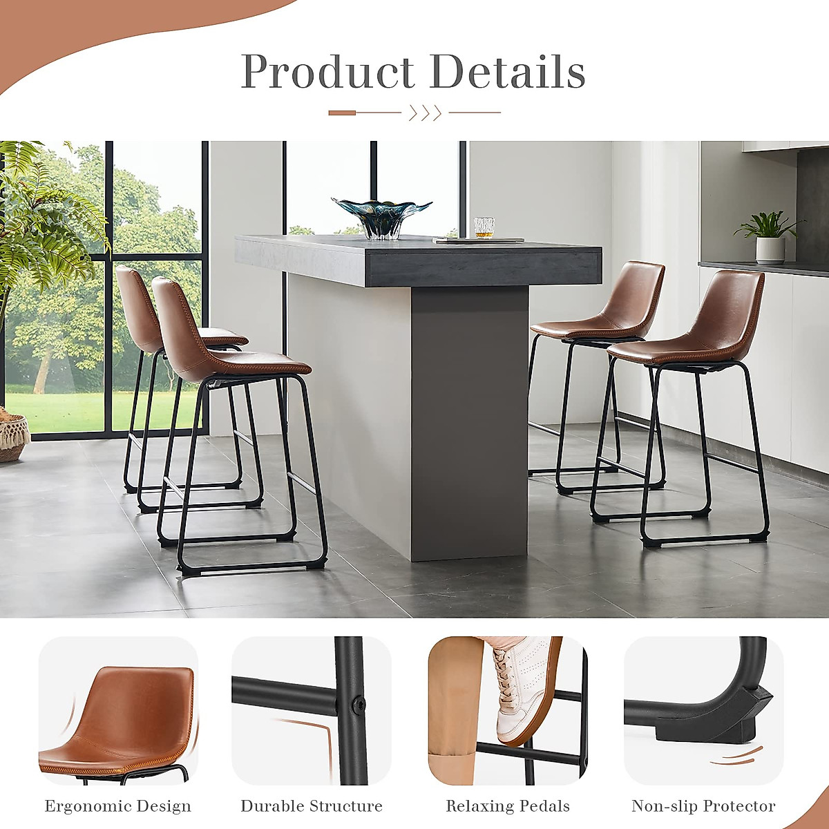 OLIXIS Dining Chairs, Barstools for Kitchen Island PU Leather Cushion and Metal Legs Chairs, 4 Pcs 26" Counter Height Bar Stools, Whiskey Brown