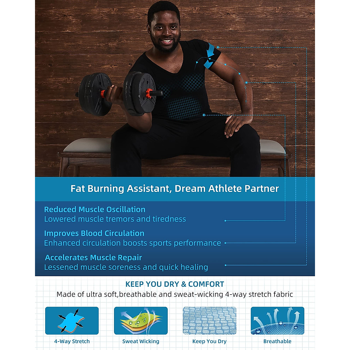 KOCLES Gynecomastia Compression Shirts for Men, Shapewear Slimming Body Shaper Undershirt, V-Neck Baselayer T-Shirt for Workout Sports, Fajas para Hombres (Black, X-Large)