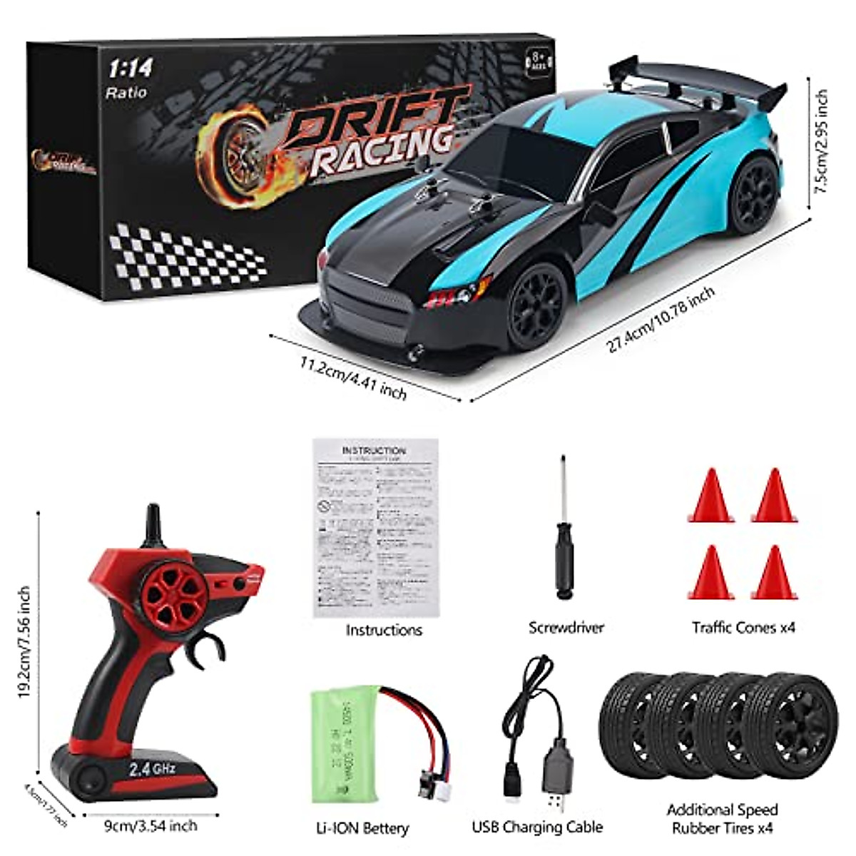 Rhybor GT RC Drift Car Remote Control Car Sport Racing Hight Speed Drift Cars, 1/14 RC Car for Adults Kids Gifts, 4WD 25KM/H RC Drift Vehicle with LED Lights