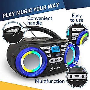 KLIM B3 Portable CD Player - New 2023 - FM Radio CD MP3 Bluetooth AUX USB RGB Lights - CD Boombox - Wired and Wireless Mode with Rechargeable Batteries - Upgraded CD Laser Lens - Digital EQ - Blue