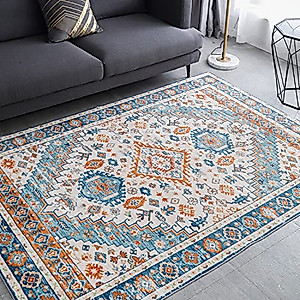 YUFANUHO Bohemian Area Rugs 5x7 Feet Wool Rugs, Low Pile Non-Slip Foldable Boho Medallion Rug with Oriental Stylish Floor Carpet for Living Room Bedrooms, Boho Floral Rug 5x7 Feet