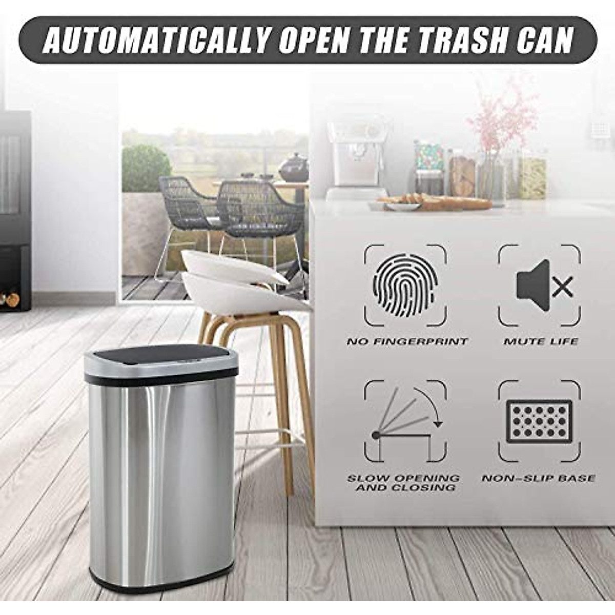XXFBag Kitchen Trash Can 13 Gallon Garbage Can, Sensor Trash Can Touchless Stainless Steel Trash Can, Brushed Dustbin 50 Liter Motion Trash Bin Metal Waste Bin with Lid for Home Bathroom Office Restroom, Silver
