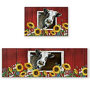 BestLives Kitchen Rug Set of 2 Piece, Farmhouse Sunflower Cow Floor Mats Non-Slip Area Runner Carpet Washable Indoor Doormat Pad Sets, Rustic Style Farm Barn Animal Floral 15.7x23.6in+15.7x47.2in