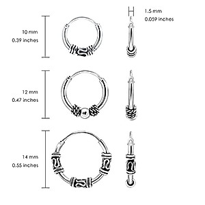 Hoops & Loops 925 Sterling Silver Set of 3 Pairs 10mm, 12mm & 14mm Bali and Bali Bead Endless Hoop Earrings for Women Teen Girls Men, Silver