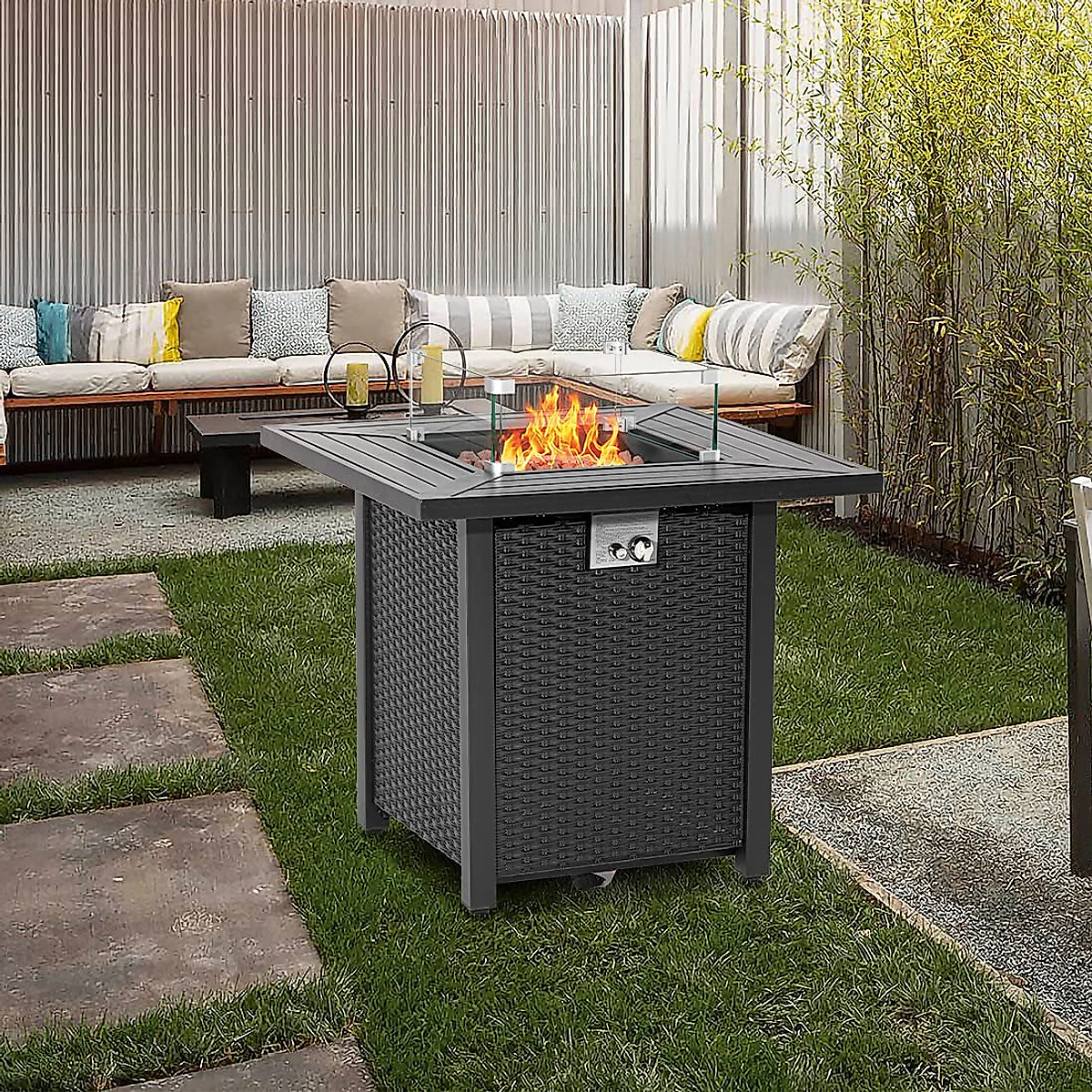 SUNBURY Outdoor Propane Fire Pit Table, 28 Inch Patio Gas Fire Table 40,000 BTU Auto-Ignition, Black Brown Rattan-Look Outdoor Companion w Lid, Waterproof Cover, Lava Rocks, Glass Wind Guard