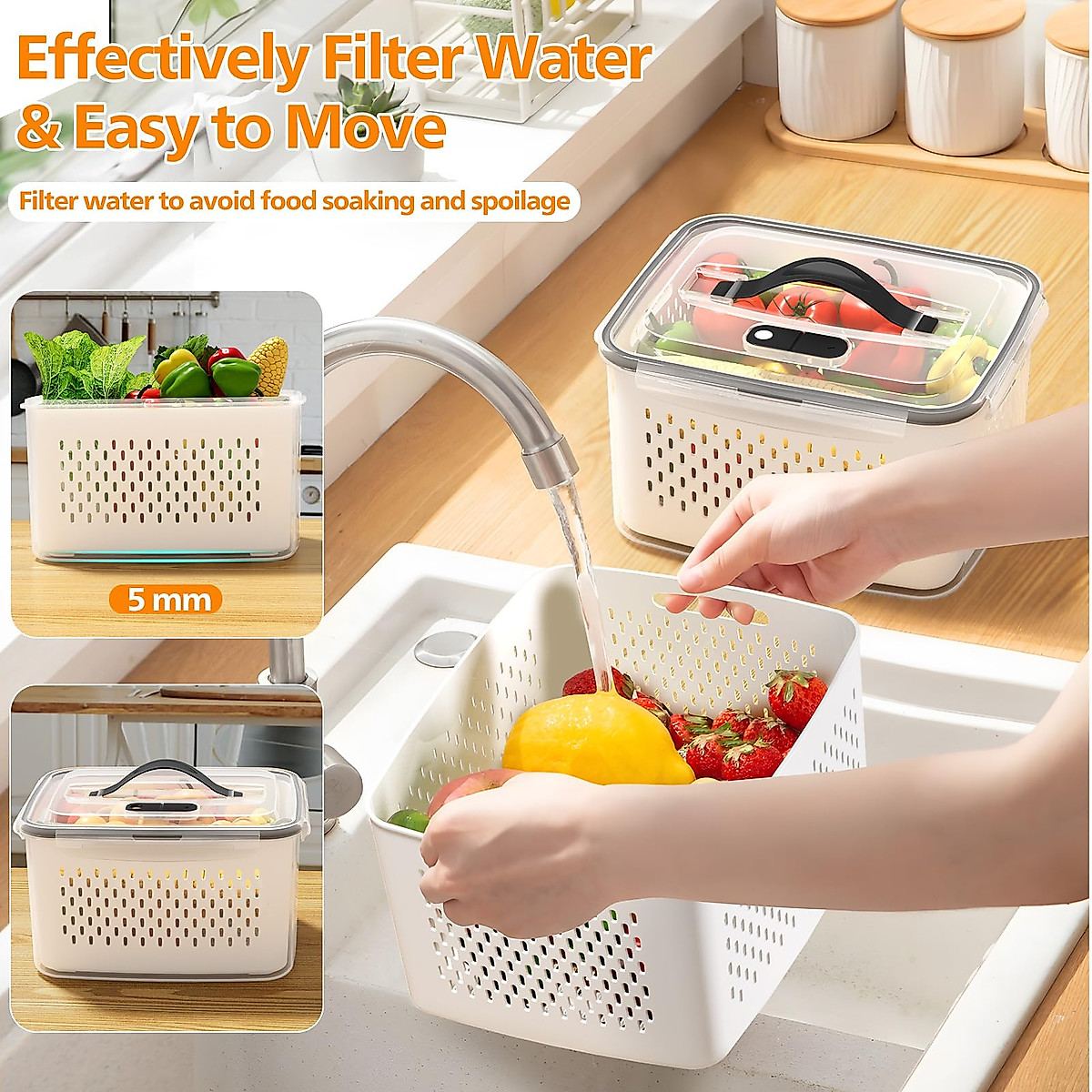 JSCARES 4-Pack Fruit-Storage-Containers for Fridge with Colander, Airtight Food Storage Containers with Lids & Handle, Produce Storage Bins Set for Refrigerator for Salad Berry Lettuce Vegetables Meat