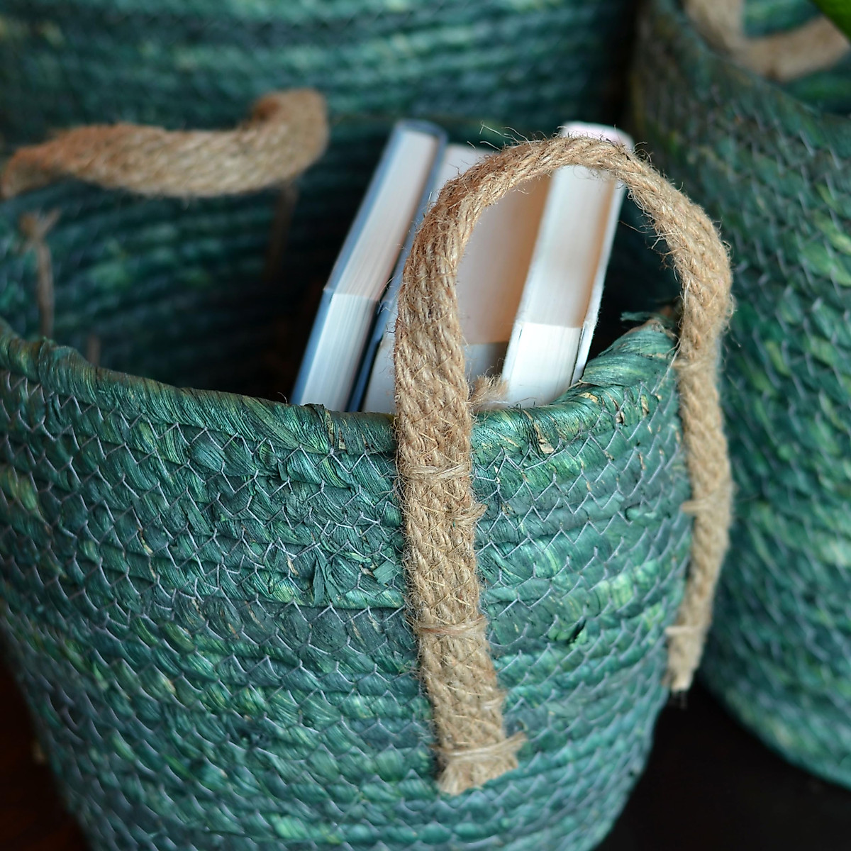 Farmers 3 Piece Basket Set, Green Dye Soaked Floor and Shelf Organizers, Corn Husk Wicker, Durable Chunky Rope Weave, Handles, Stitched, Reinforced, Rustic Home Decor, Round, 13, 11, 9 Inches