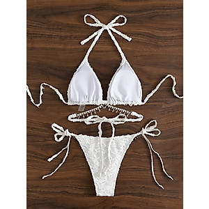 WDIRARA Women's Lettuce Trim Rhinestone Halter Triangle Bikini Set 2 Piece Swimsuit White S