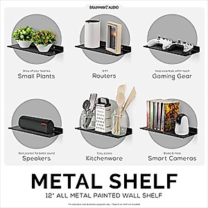 BRAINWAVZ 2-Pack 12" Floating Metal Wall Shelf for Books, Organizer, Speakers, Plants, Cameras, Books, Decor Display, Storage, Routers & More Wide Universal Holder Shelf (Black)