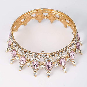 FORSEVEN Queen Crown Rhinestone Wedding Crowns and Tiaras for Women Costume Party Hair Accessories Princess Birthday Crown Crystal Bridal Crown (Gold+Pink)