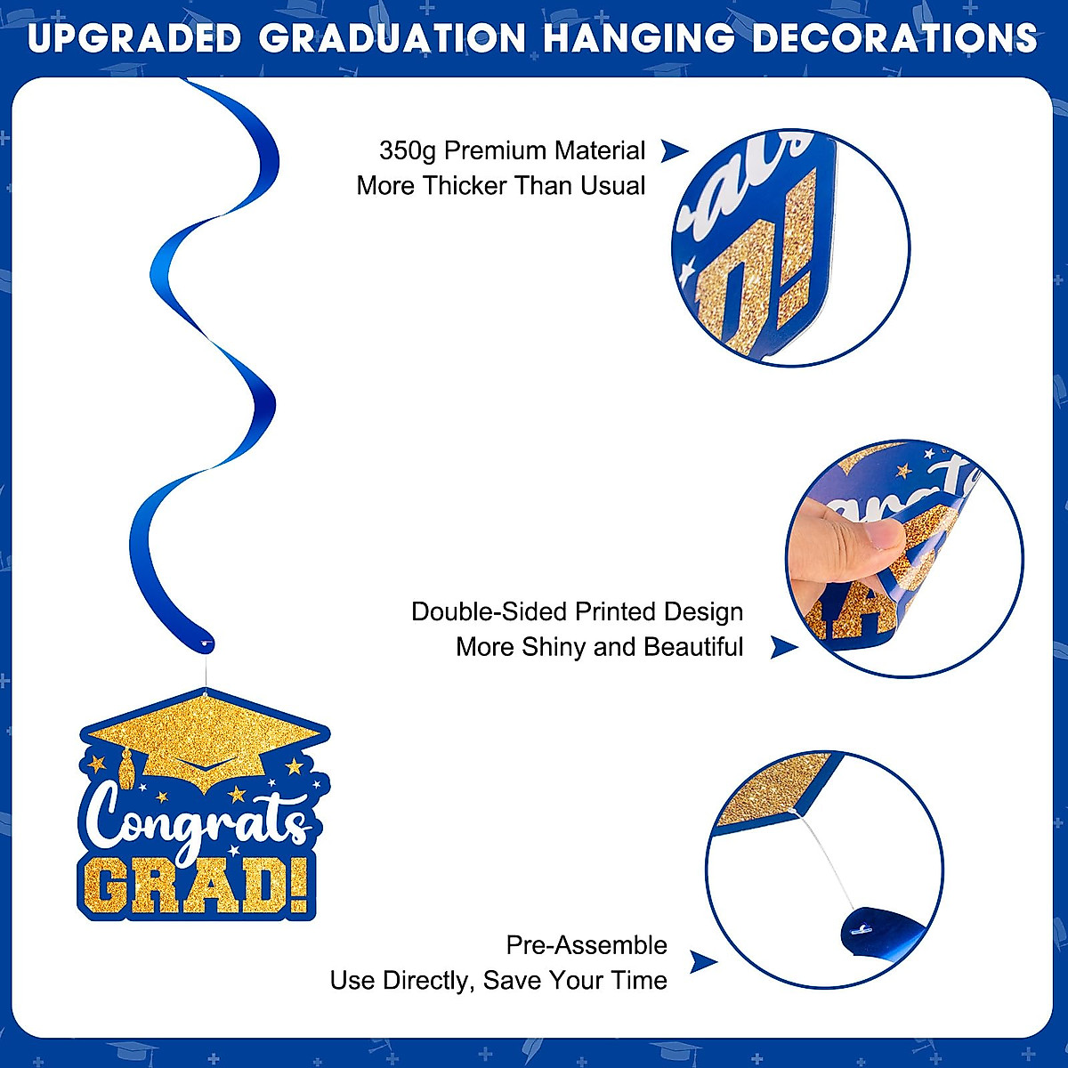 20 Pack Graduation Party Decorations 2024 - Congrats Grad Hanging Decoration, Blue Gold Glittery Graduation Hanging Swirls Ceiling Streamers Ornaments for Class of 2024 Graduation Decorations Favors