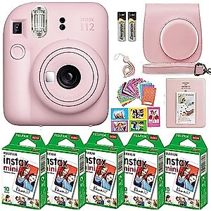 Fujifilm Instax Mini 12 Instant Camera with Fujifilm Instant Mini Film (50 Sheets) with Accessories Including Compatible Case with Strap, Lenss Photo Album, Stickers, Frames Bundle (Blossom Pink)