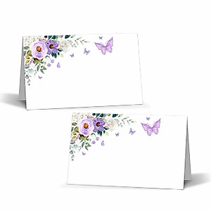 Butterfly Place Cards, Boho Floral Table Place Card For Birthday Baby Shower Dinner Wedding, Purple Tent Name Place Cards For Table Setting, 25 Pack(02)