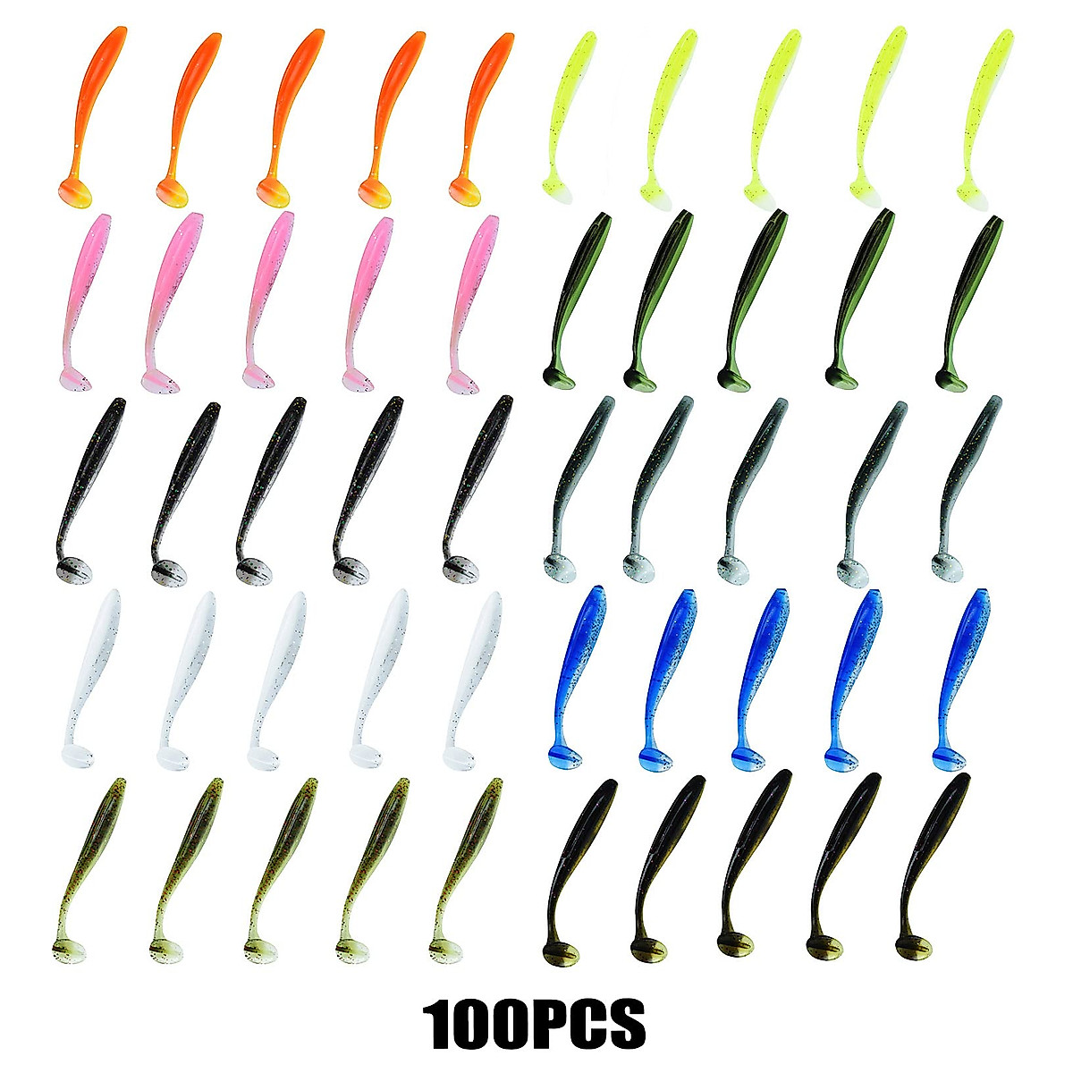 Soft Fishing Lures, 100PCS/50PCS Soft Plastic Baits Kit with Box for Fishing Trout Redfish Saltwater/Freshwater, 10 Mixed Colors/5Mixed Colors (100PCS/7cm/2g)
