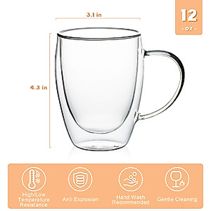 MEWAY 12oz/6 pack Coffee Mugs,Clear Glass Double Wall Cup with handle for Coffee, Tea, Latte, Cappuccino (12 oz，6)