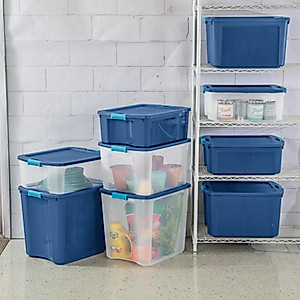 Sterilite 18 Gal Latch and Carry, Stackable Storage Bin with Latching Lid, Plastic Tote Container to Organize Closets, Blue with Blue Lid, 6-Pack