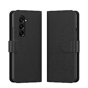 RTlink for Samsung Z Fold 5 Case, Leather Protective Galaxy Z Fold 5 Case with Strap, Shockproof Samsung Galaxy Z Fold 5 Case Wallet Flip Folio Cover Galaxy Fold 5 Case with Card Holder Slots Black