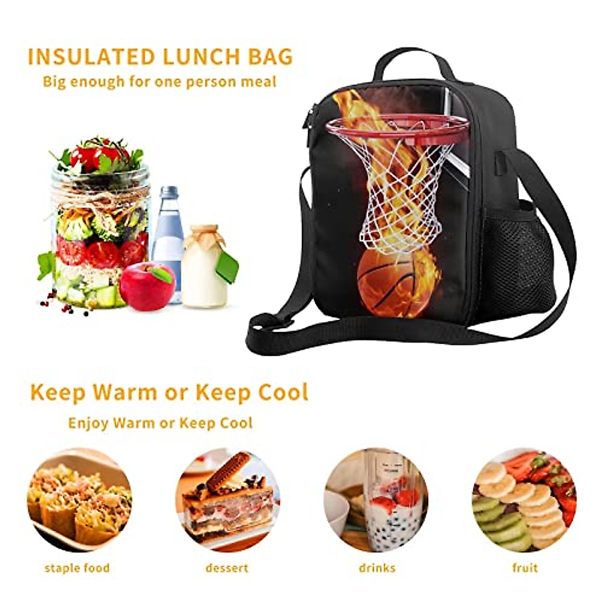PAUSEBOLL Basketball Lunch Bag for Boys, Insulated Lunch Bag for Adult Teens Girls, Reusable Portable Lunch Box Cooler Tote Waterproof Lunch Container for School Office Picnic
