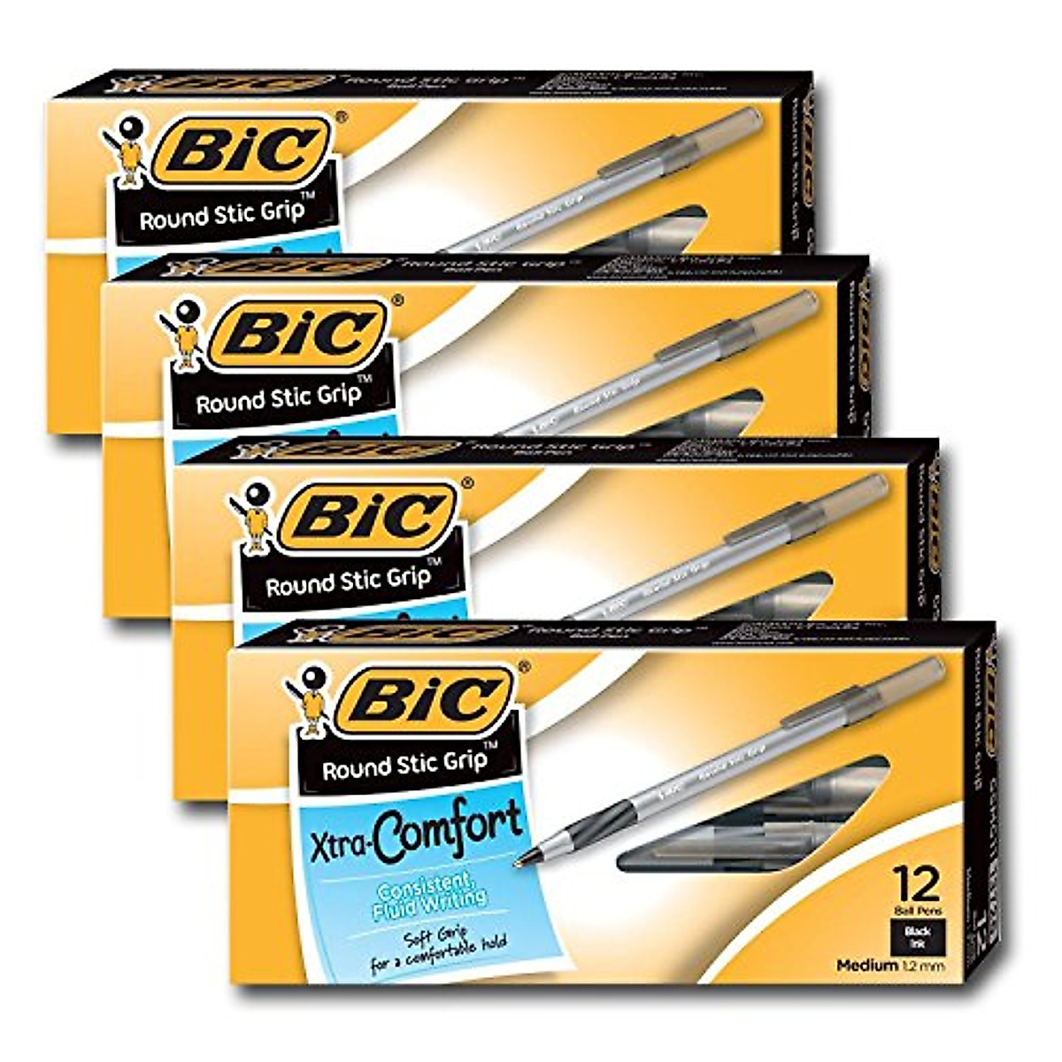 Bic Ultra Round Stic Grip Ball Point Pens, Medium Point, 1.2 mm, Black Ink (48 Pens)