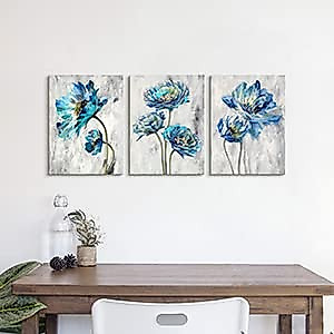 artopia 3 Piece Blue Flower Canvas: Teal Grey Floral Wall Decor Botanical Picture Blossom Plants Decoration 16"x12" For Bathroom Bedroom
