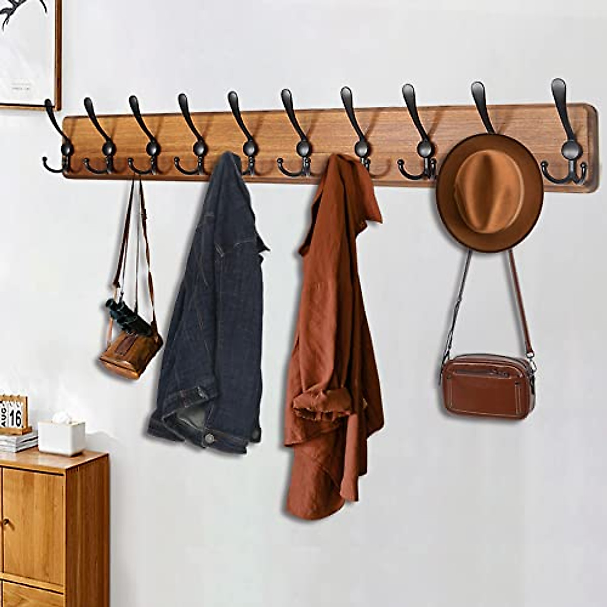 WEBI Coat Rack Wall Mount,Coat Hooks Wall Mounted,16’’ Hole to Hole,Wood Coat Hanger Wall,Hook Rack Rail,5 Triple Hooks for Hanging Coats,Jacket,Clothes