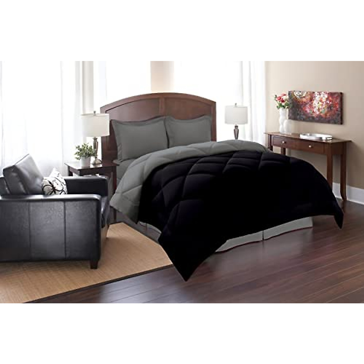 Elegant Comfort All Season Goose Down Alternative Reversible 3-Piece Comforter Set- Available in and Colors, King/Cal King, Black/Gray